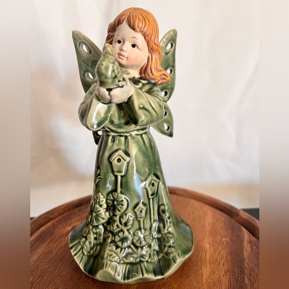Art | Ceramic Angel Statue With Bird Birdhouse Flowers Green Dress ...